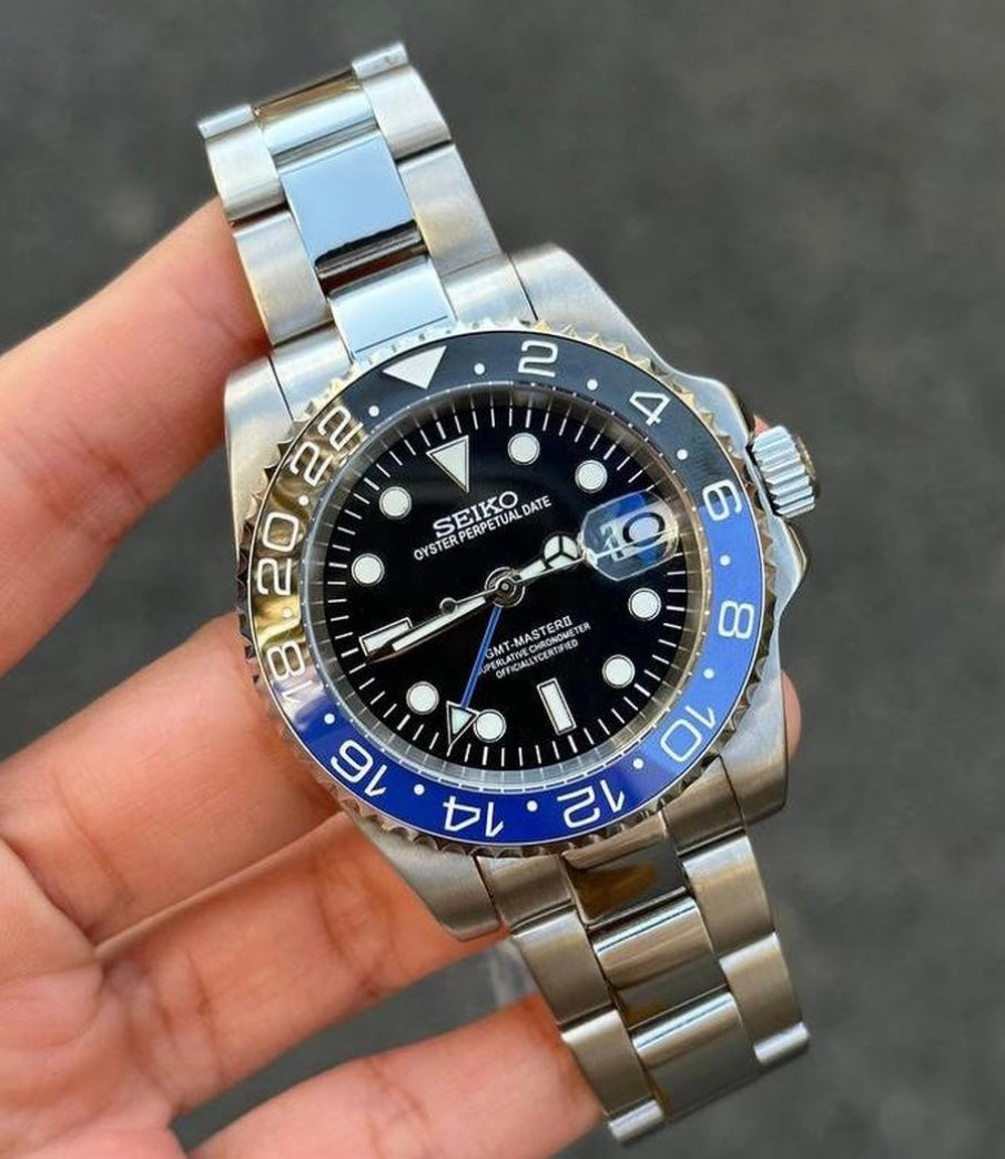 Seiko black & blue GMT - Ceramic seiko 4R36 GMT movement - Matt & poli ...