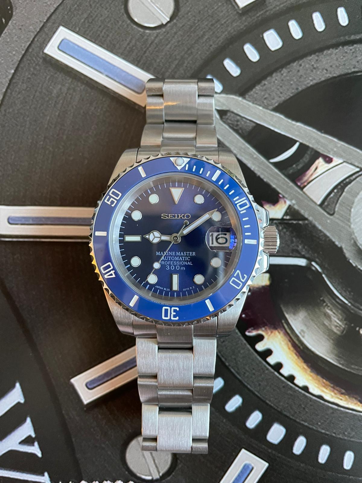 Blue ceramic sunburst blue dial automatic watch smurf – Lovetomodwatches